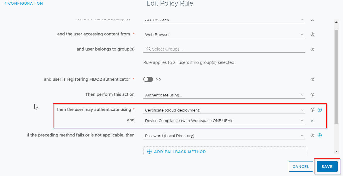 Enabling the Device Compliance (With Workspace ONE UEM) authentication ...